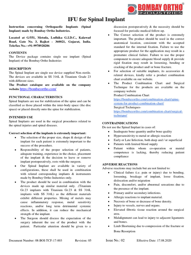 IFU For Spinal Implants | PDF | Implant (Medicine) | Surgery