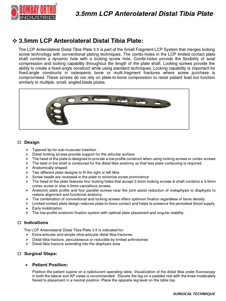 3.5mm LCP Distal Tibia Plate Technique | PDF | Screw | Human Leg