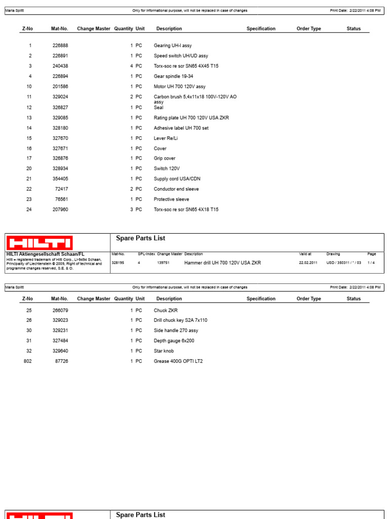 Uh - 700 Manual de Servicio Taladro Hilti | PDF | Equipment | Machines