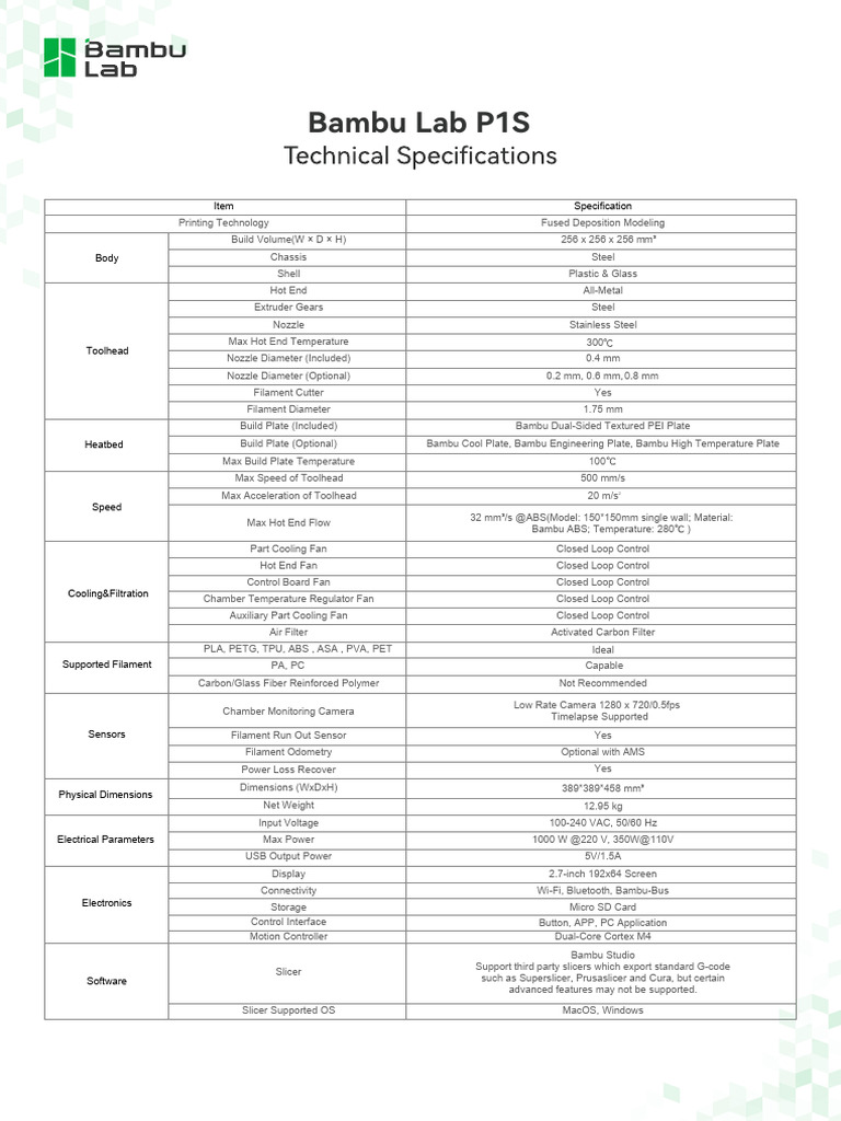 Bambu Lab P1S Tech Specs | PDF