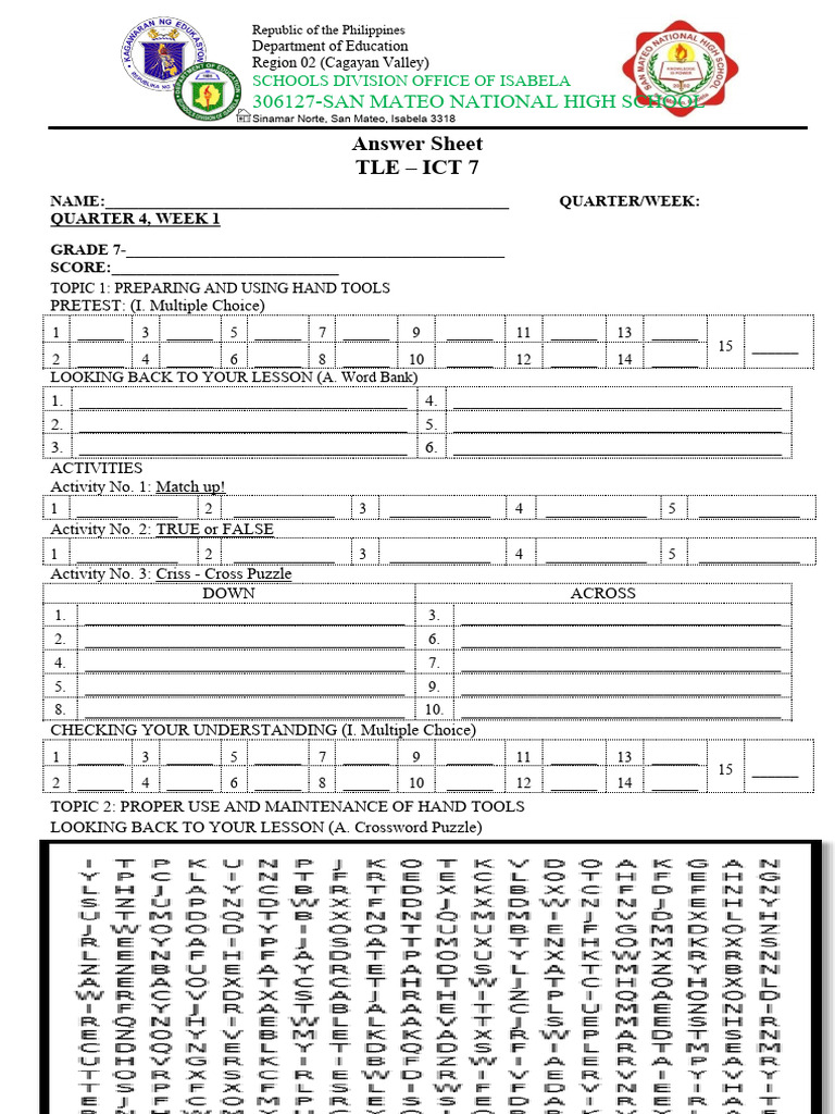 Answer Sheet in Tle Ict 7&8 - Quarter 4 | PDF | Word Search | Information Technology