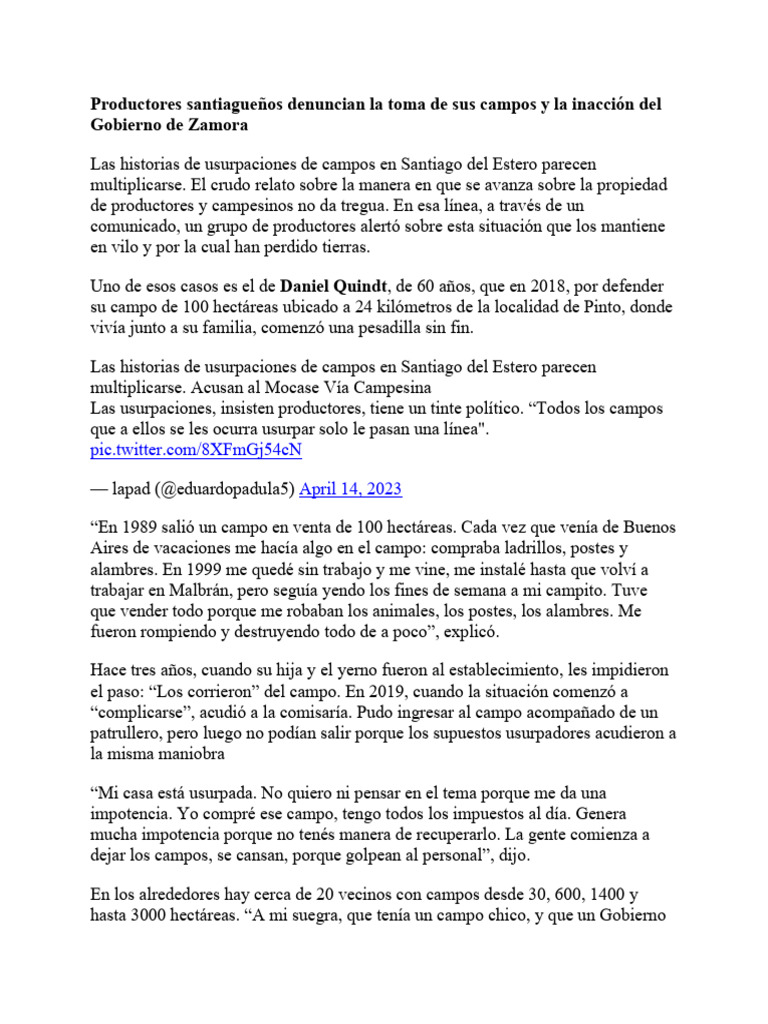 Productores Santiagueños Denuncian La Toma de Sus Campos y La Inacción ...