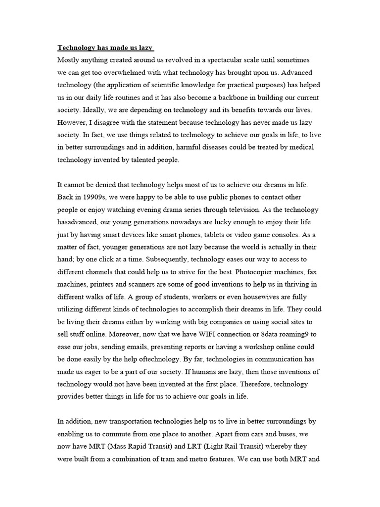 Technology Has Made Us Lazy | PDF | Obesity | Stress (Biology)