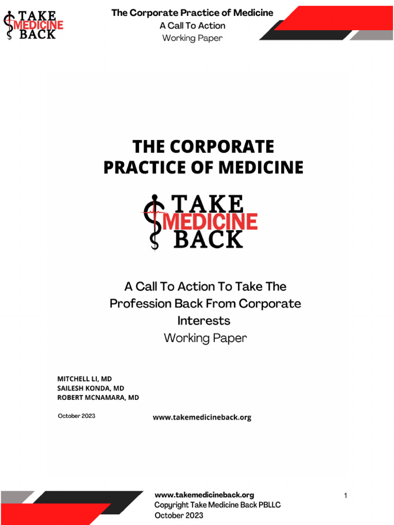 Take Back Medicine Working Paper | PDF | American Medical Association ...