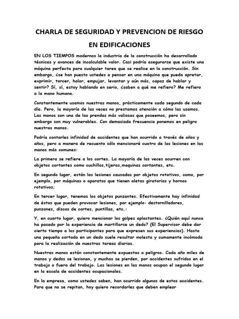 Charla de Seguridad y Prevencion de Riesgo | PDF