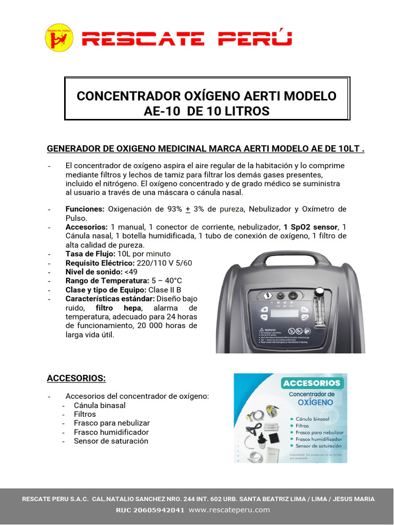 Hoja Técnica ConcentradorOxígeno - AERTI - AE10 - RP | PDF | Oxígeno ...