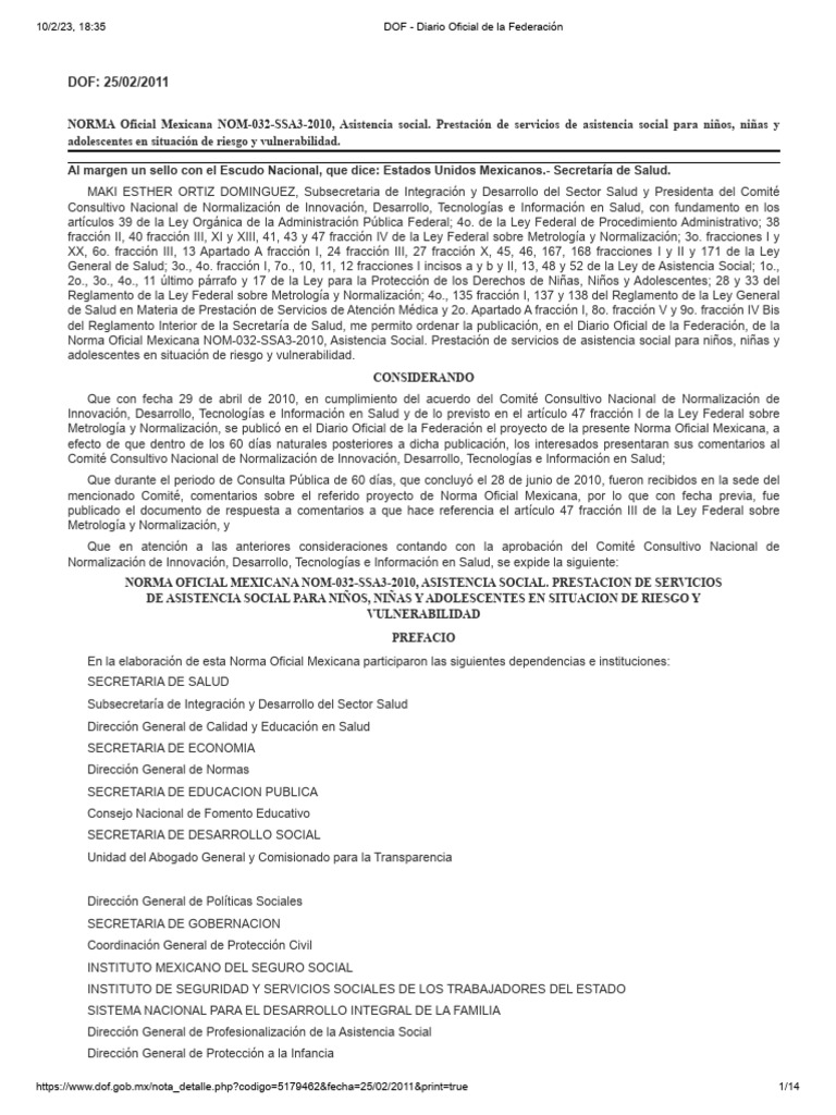 NORMA Oficial Mexicana NOM-032-SSA3-2010, Asistencia Social. Prestación ...