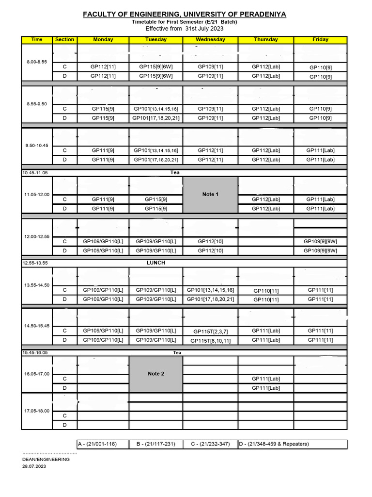 Time Table Semester 1 | PDF