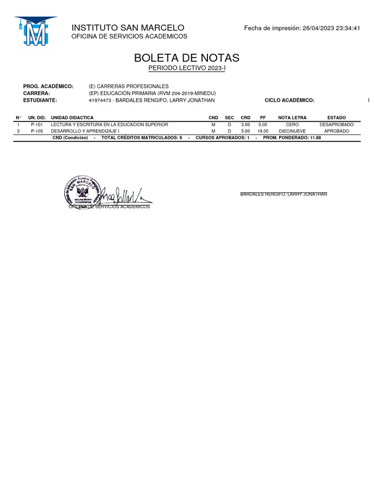 Boleta de Notas 1 | PDF