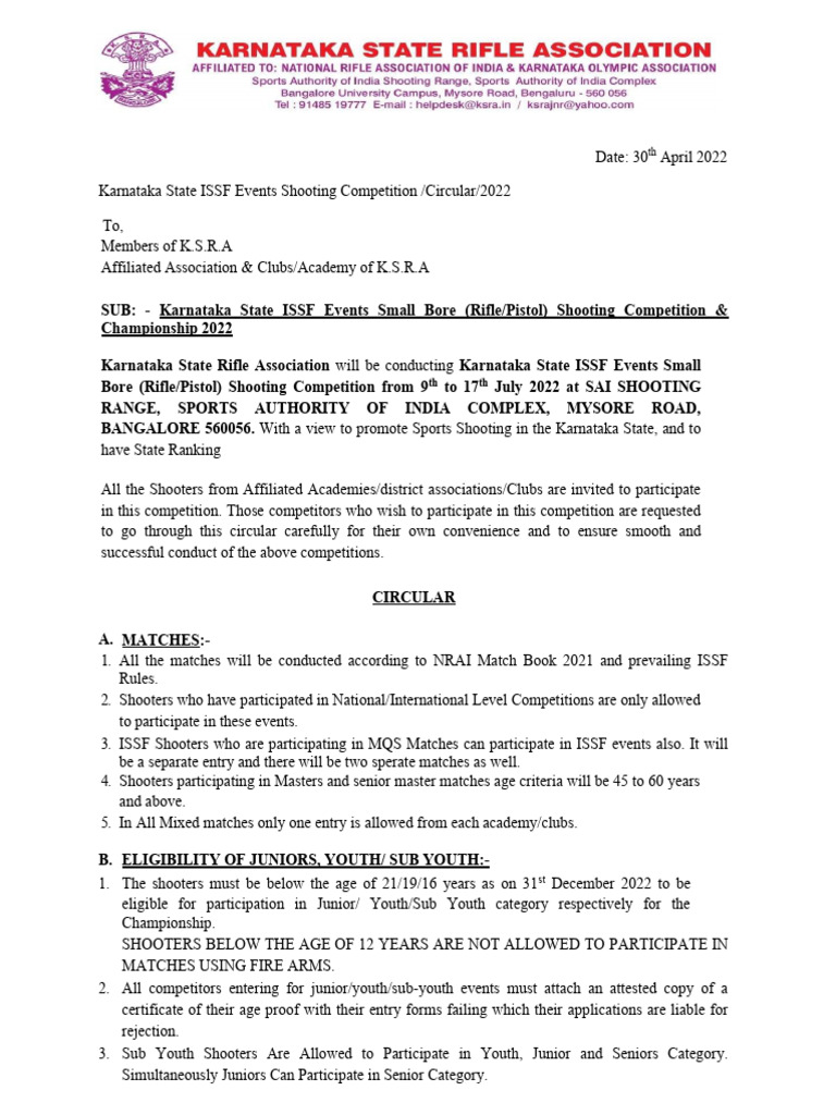 2022 KSRA State Meet ISSF Circular | PDF