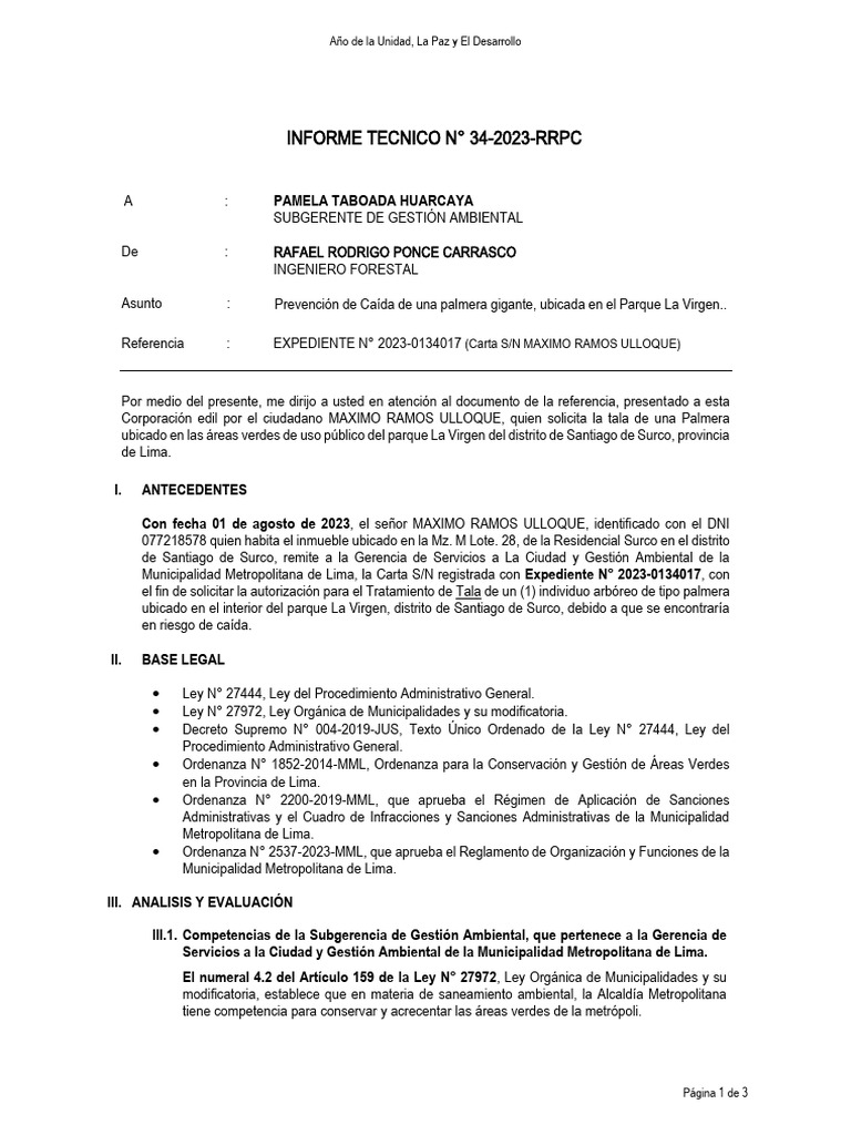 Informe Técnico #034-2023-RRPC | PDF | Gobierno local | Lima