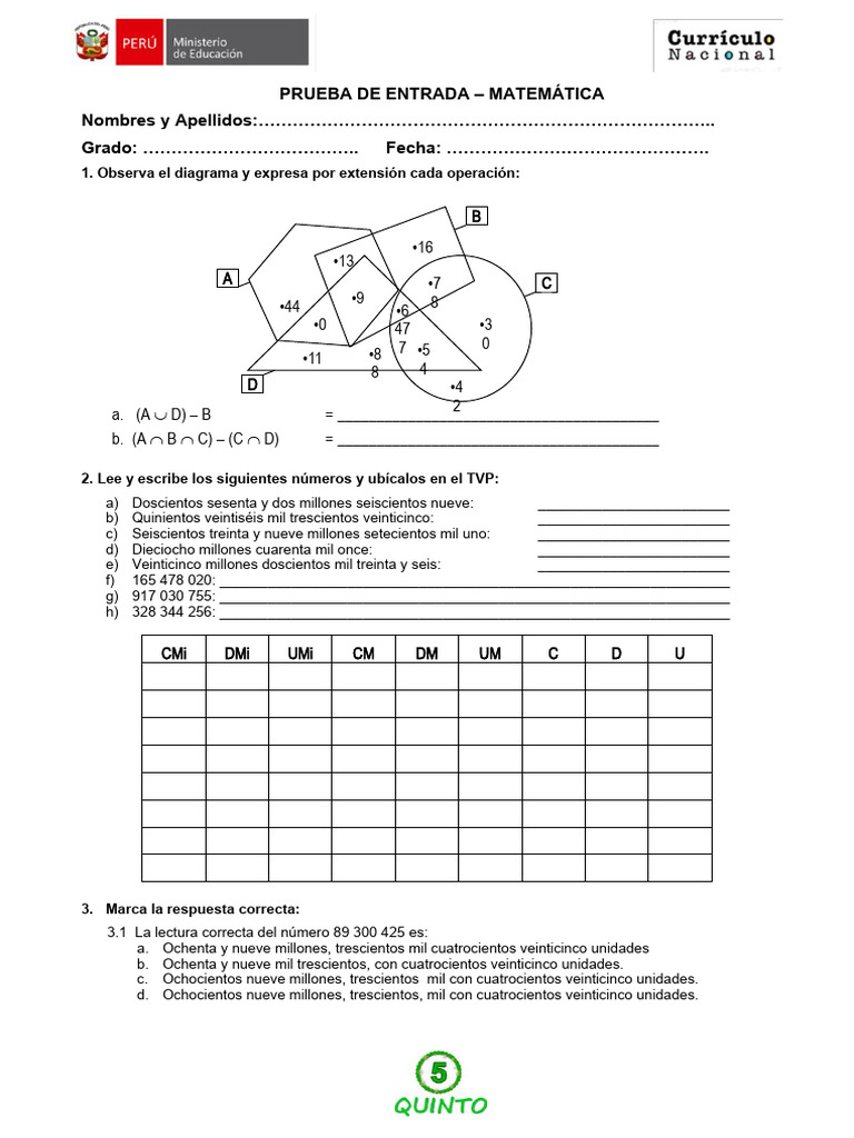Pruebas de Entrada - 5º - Matemática | PDF