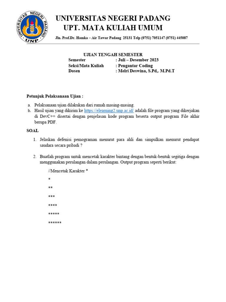 Soal Ujian Mata Kuliah Umum Pengantar Coding Pdf