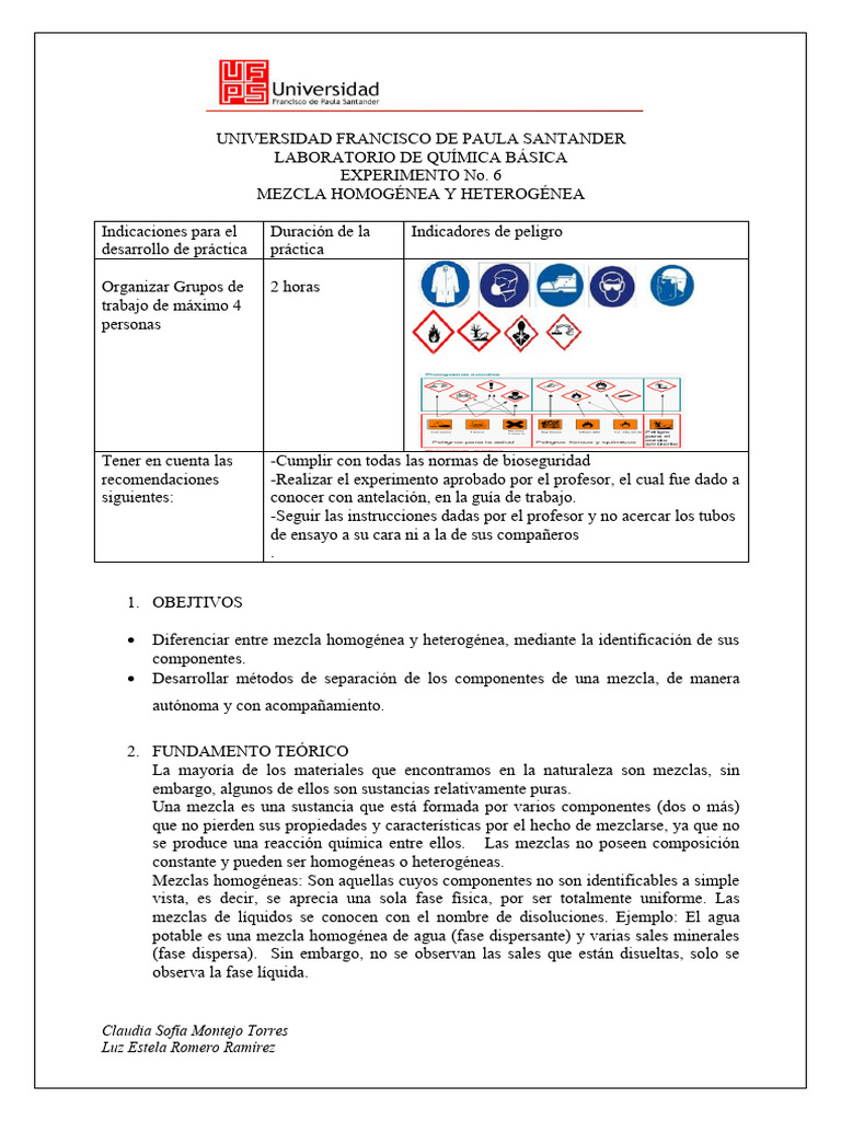 Guía de Laboratorio No. 6. Mezclas Homogéneas y Heterogéneas | PDF | Mezcla | Agua