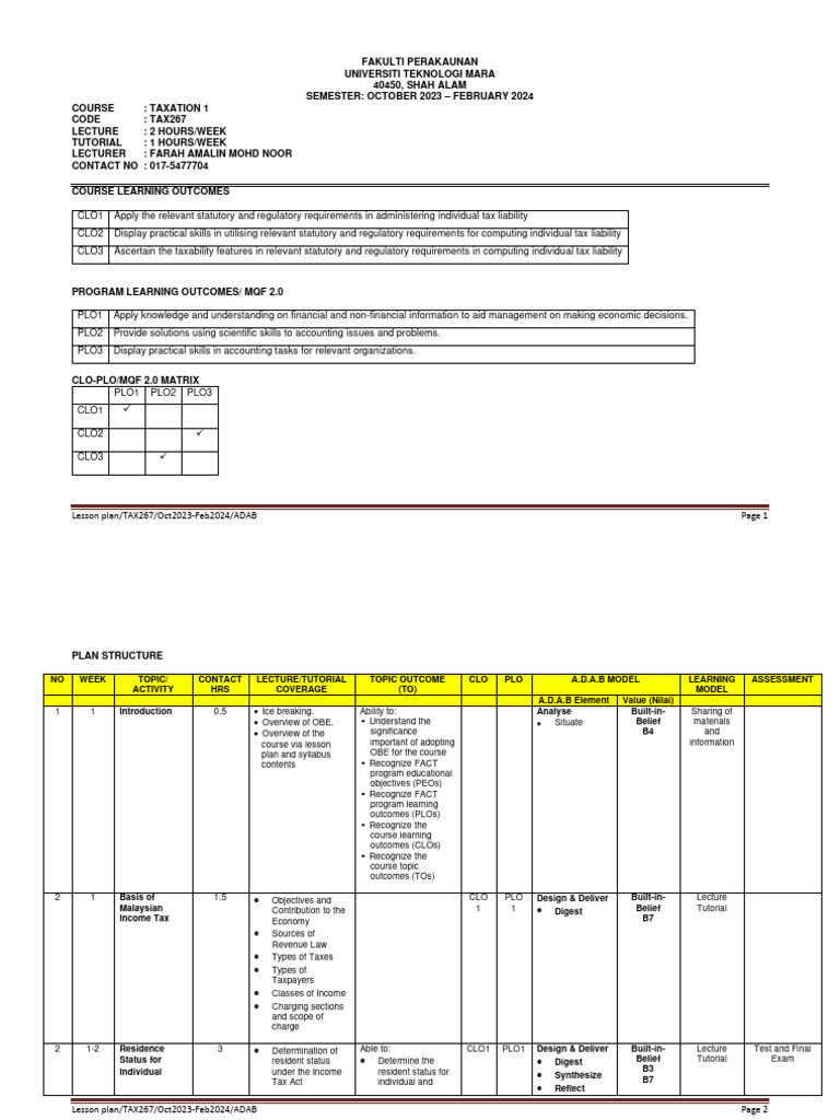 TAX267 - OBE Lesson Plan Oct2023 - Feb2024 | PDF | Taxes | Partnership