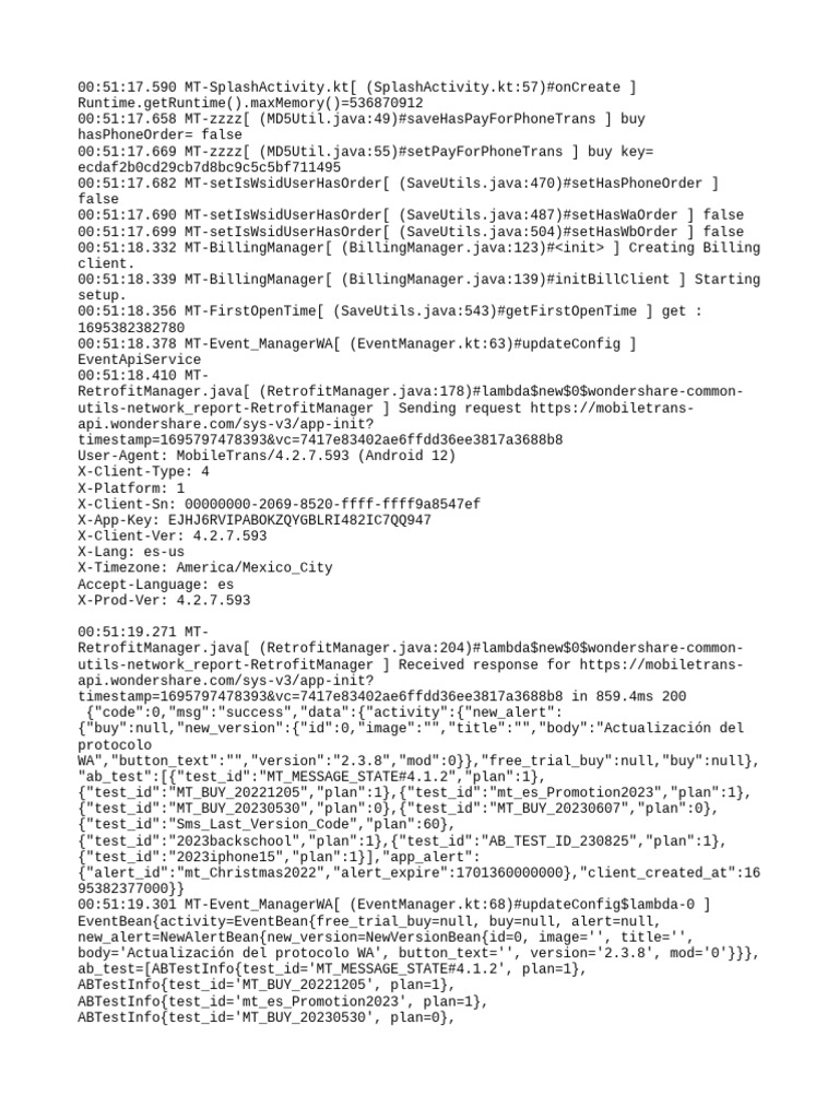 MobileTrans App Initialization Log | PDF | Finance & Money Management | Technology & Engineering