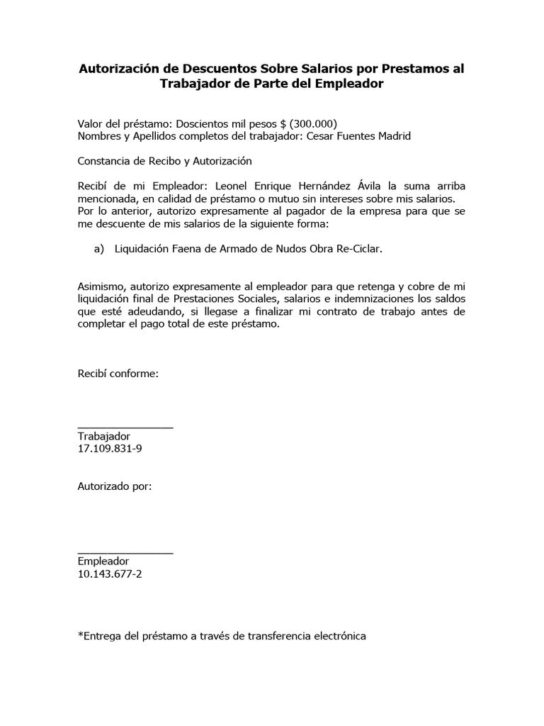 Carta de Autorización de Descuento Salarial | PDF