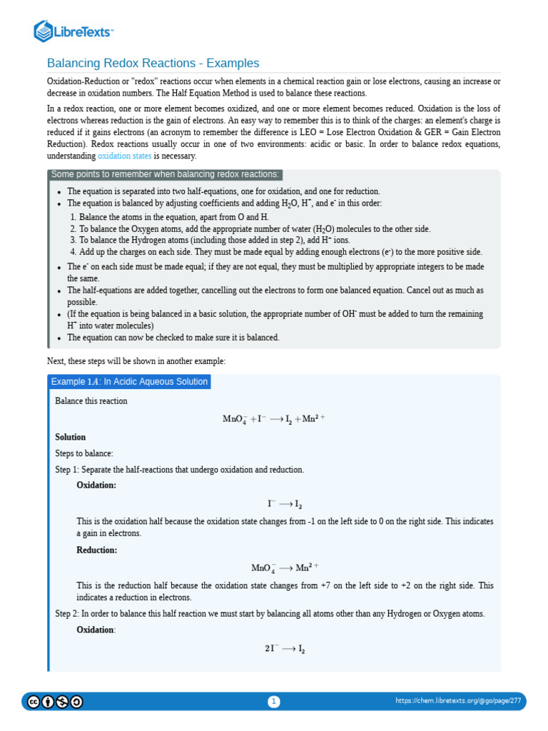 Balancing Redox Reactions Examples Pdf Redox Chemical Reactions
