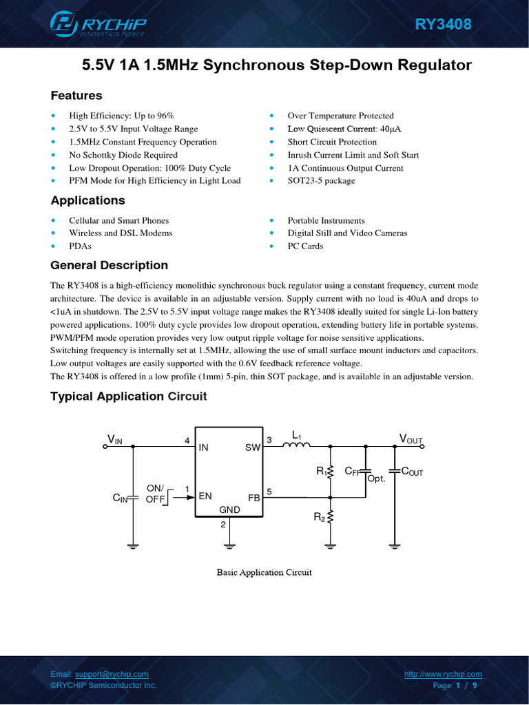 RY3408: 5.5V 1A Step-Down Regulator | PDF | Manufactured Goods | Electrical Engineering