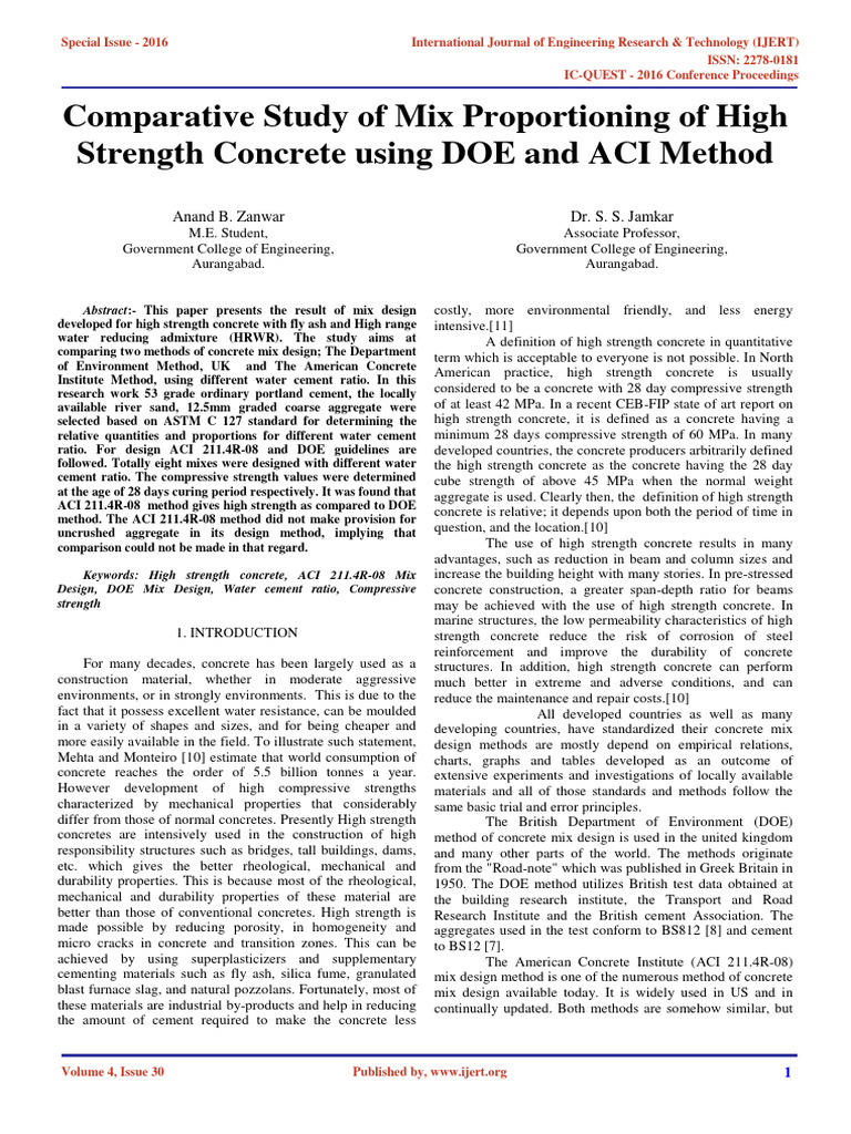 Comparative Study of Mix Proportioning of High Strength Concrete Using Doe and Aci Method ...