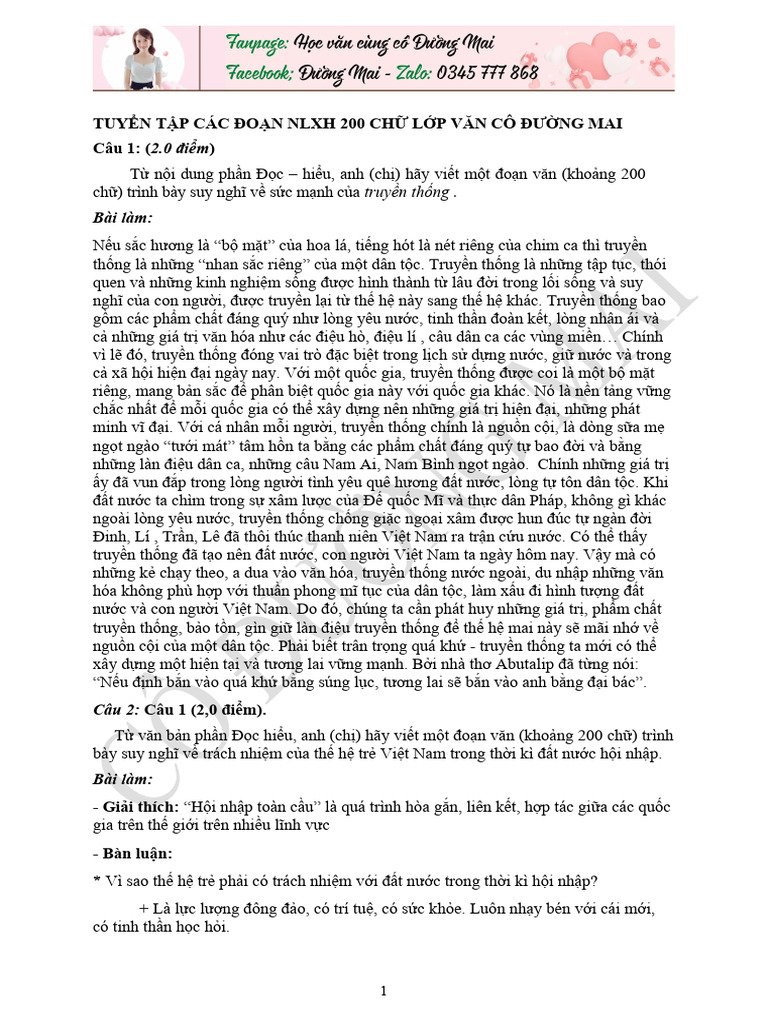 TUYỂN TẬP CÁC ĐOẠN NLXH 200 CHỮ LỚP VĂN CÔ ĐƯỜNG MAI | PDF