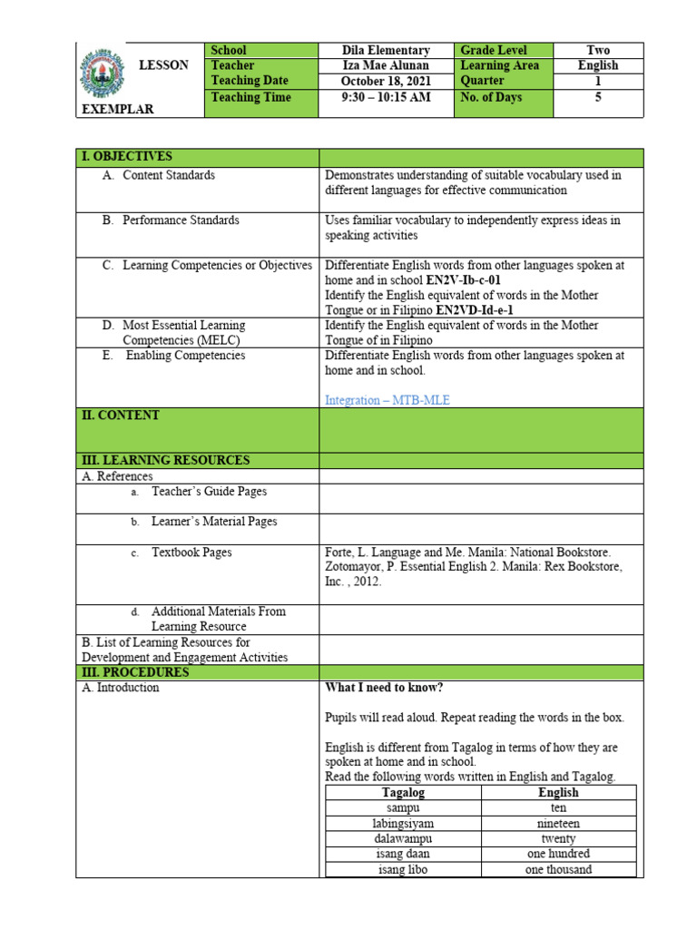 Grade 2 English Lesson Exemplar | PDF | English Language | Tagalog Language