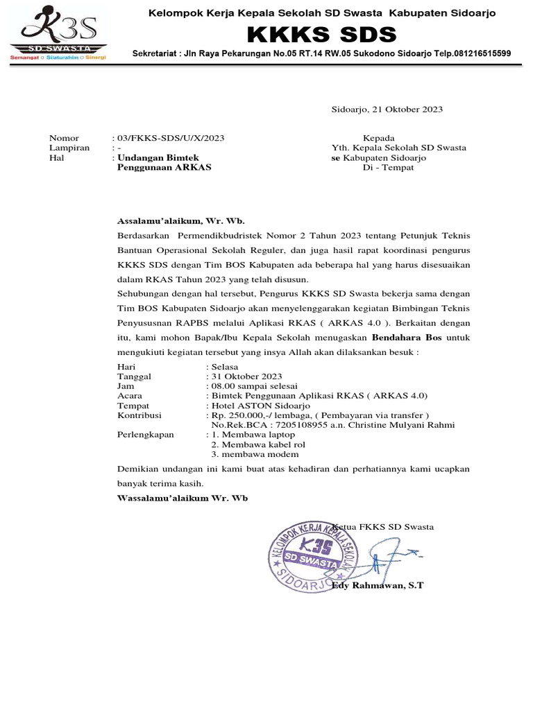 Undangan Bimtek ARKAS untuk SD Sidoarjo | PDF