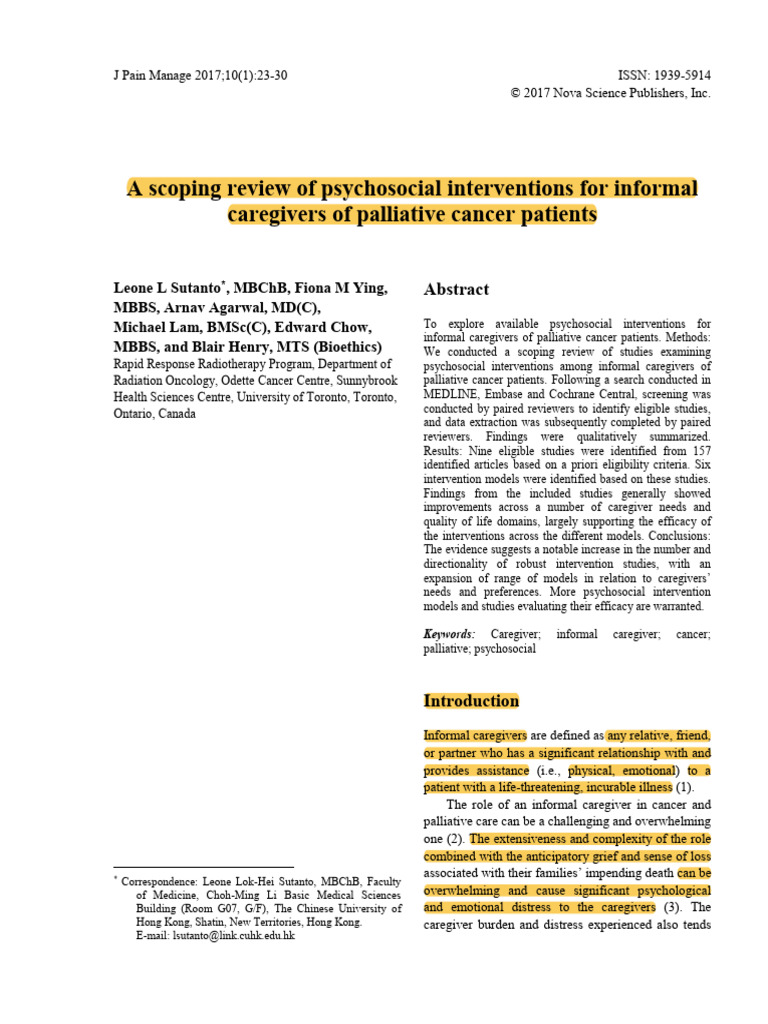 Psychosocial Interventions For Informal Caregivers of Palliative Cancer ...