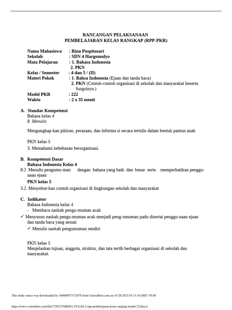 RINA TUGAS 2 RPP Pembelajaran Kelas Rangkap Model 222 | PDF