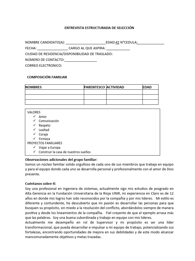 EJEMPLO ENTREVISTA ESTRUCTURADA DE SELECCIÓN (003) | PDF | Liderazgo | Salario
