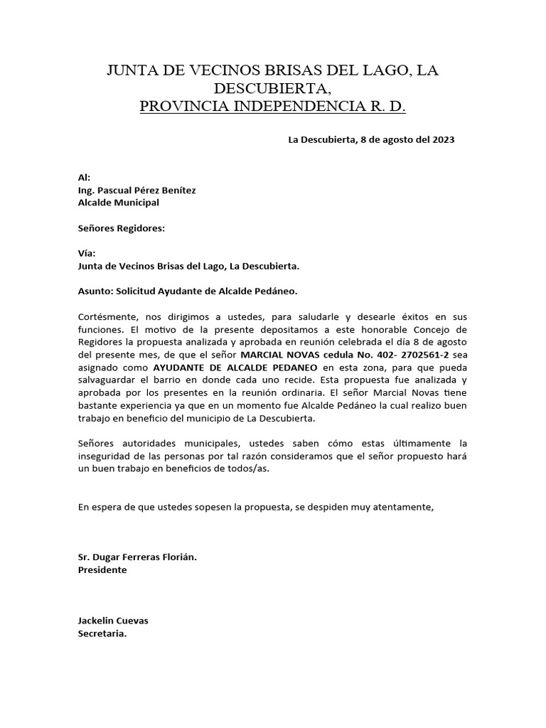 Carta Junta de Vecinos Brisas Del Lago. | PDF