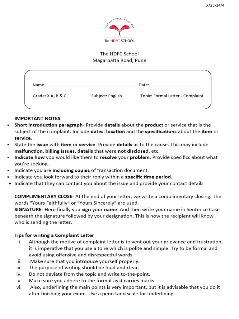 Formal Letter Of Complaint Pdf
