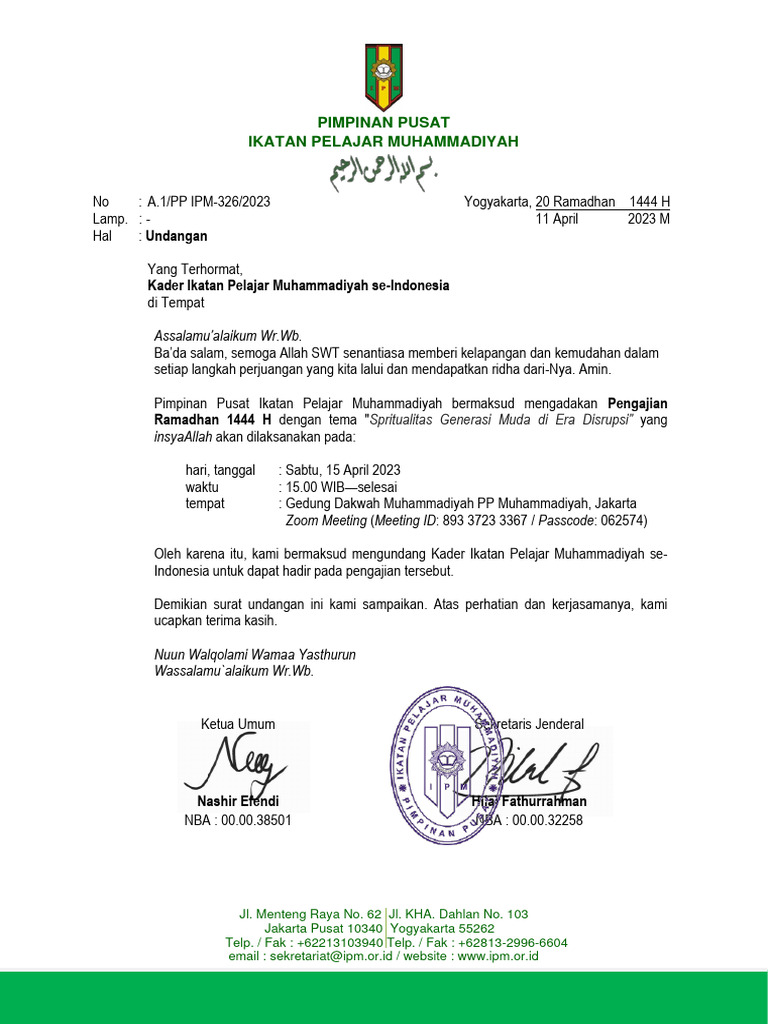 326 - Undangan Kajian Ramadhan 1444 H PP IPM - PW IPM Se-Indonesia | PDF