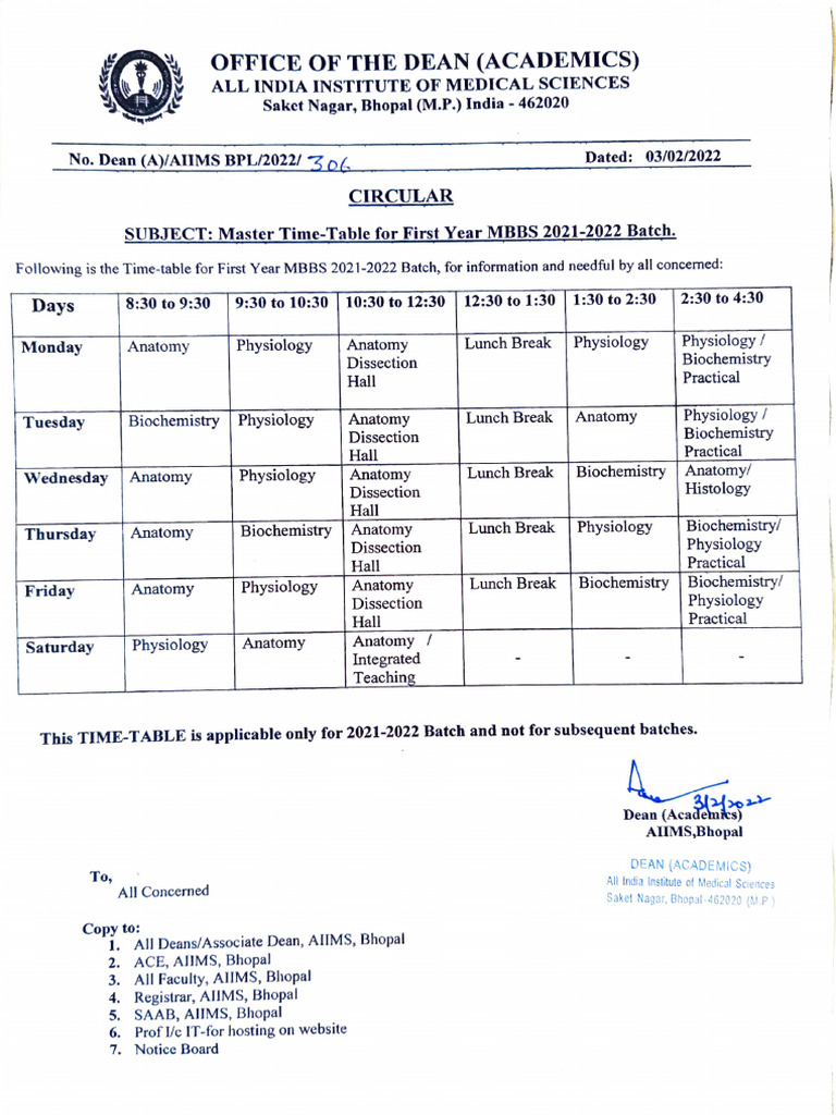 306 Master Time-Table For First Year MBBS 2021-2022 Batch1 | PDF ...