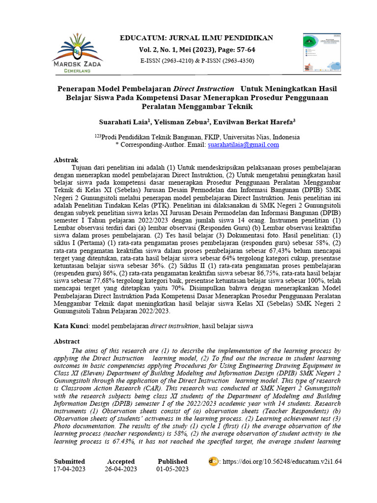 Penerapan Model Pembelajaran Direct Instruction Untuk Meningkatkan ...