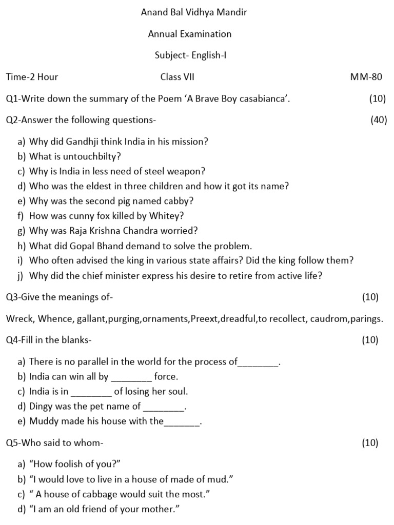 Class 7 English 1 Question Paper | PDF