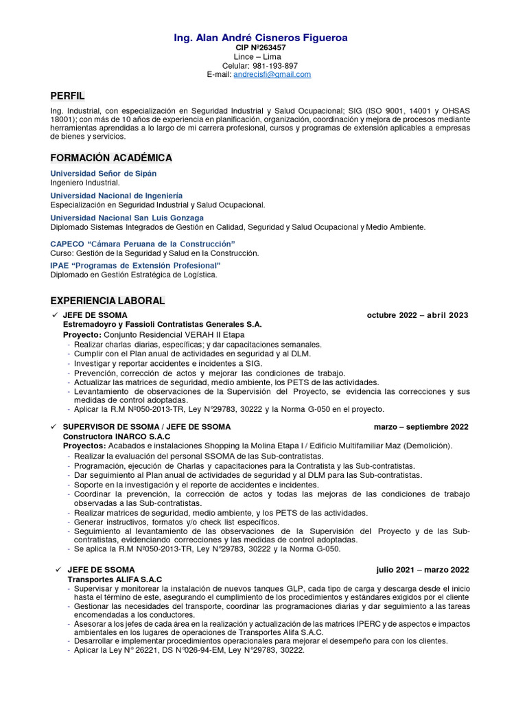 CV Alan Cisneros | PDF | Seguridad y salud ocupacional | Business