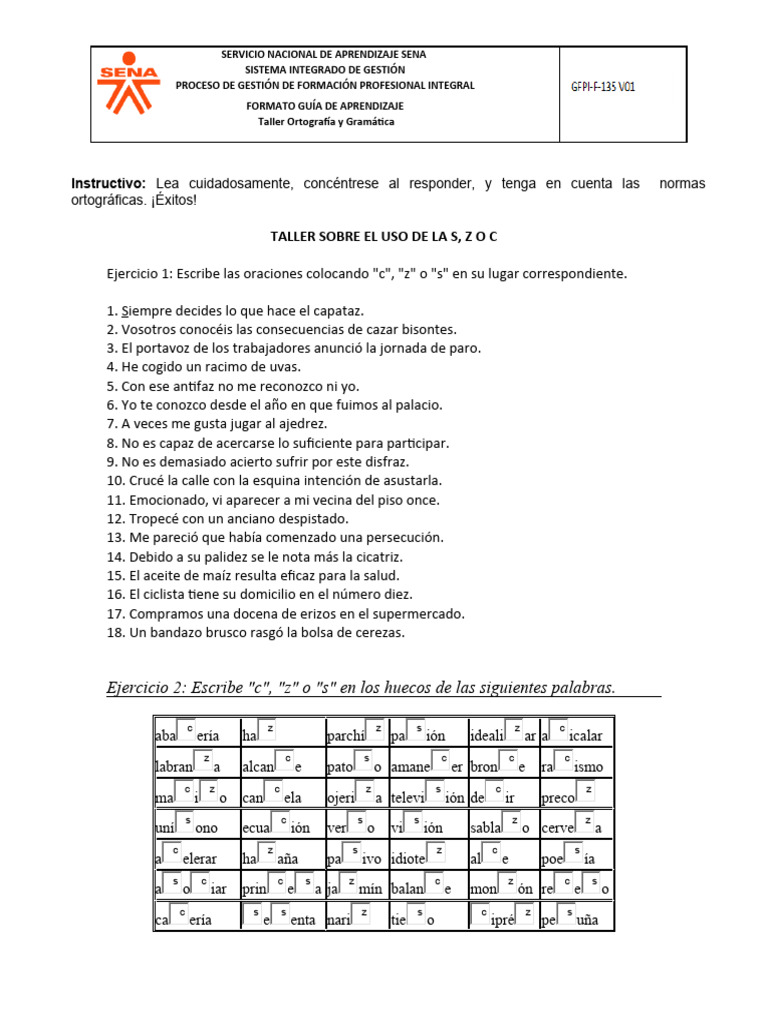 Taller Sobre El Uso de La S, C y Z | PDF