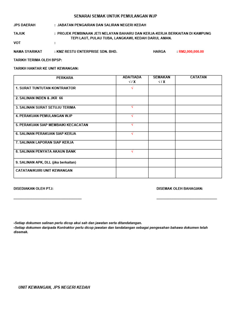 SENARAI SEMAK UNTUK PEMULANGAN WJP - Docx (Edit) | PDF