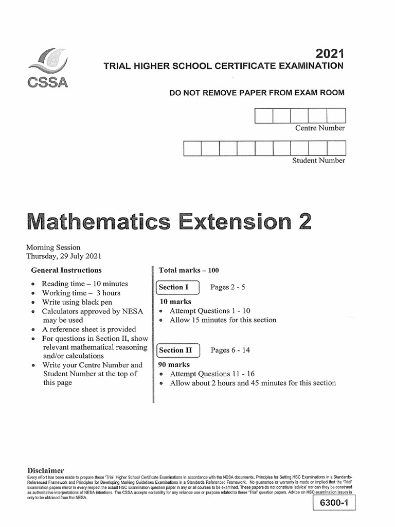 CSSA 2021 Math Ext 2 Trials + Solutions | PDF