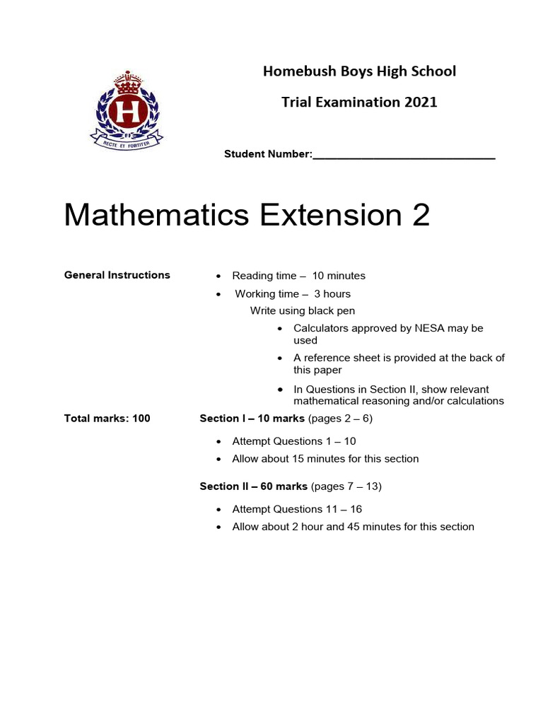 Homebush Boys 2021 Math Ext 2 Trials + Solutions | PDF | Force | Theoretical Physics