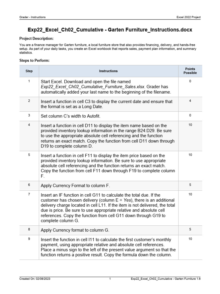 Exp22 - Excel - Ch02 - Cumulative - Garten Furniture - Instructions - Docx - Instructions | PDF ...