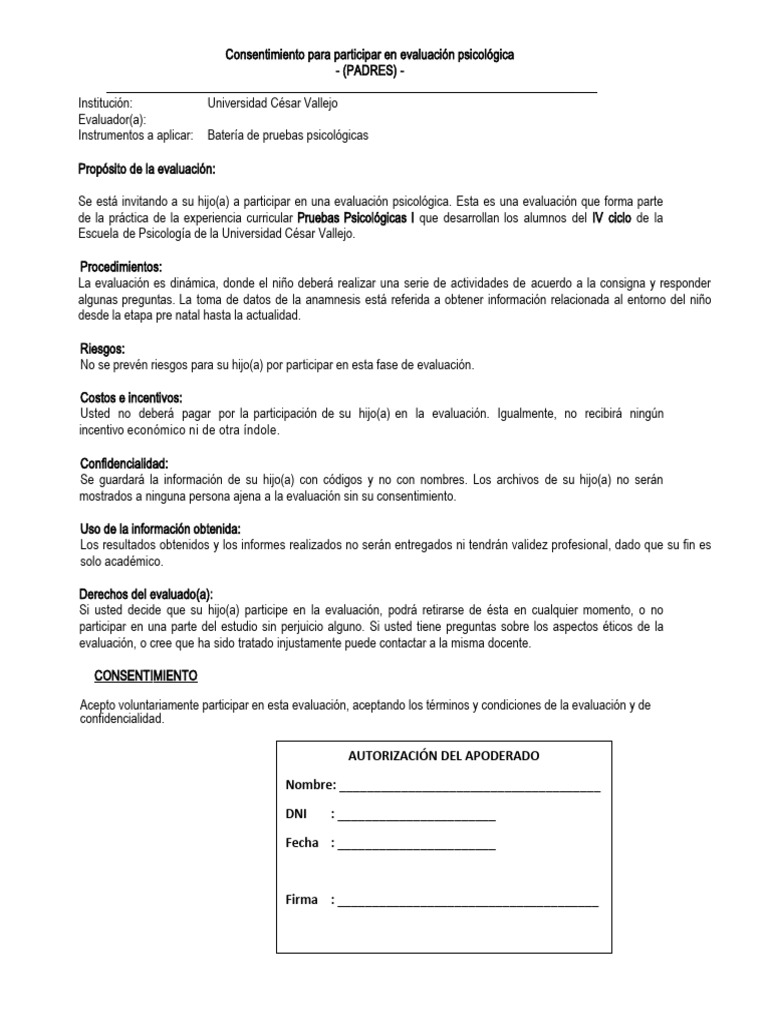 Consentimiento para Niños | PDF | Evaluación | Sicología