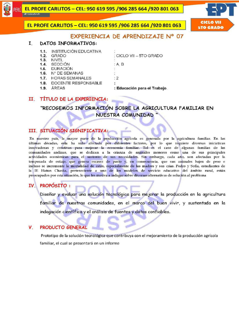 Experiencia de Aprendizaje N°07 - Ciclo Vii - 5to Grado - Ept - 2023 - 00001 | PDF