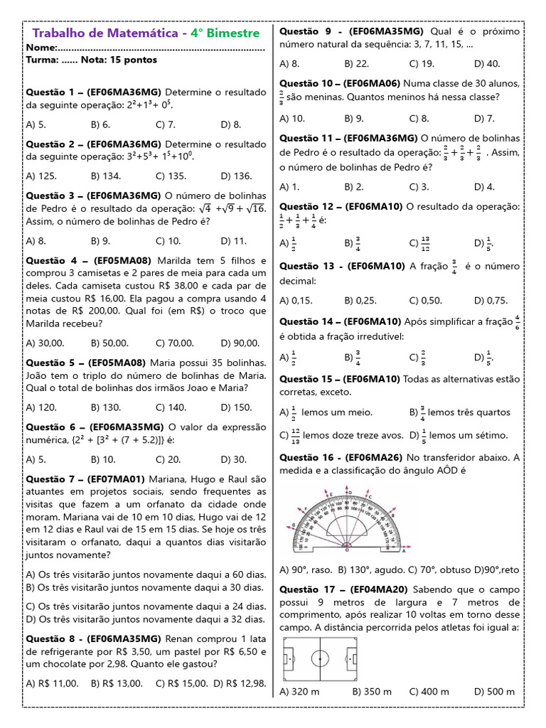 Trabalho de Matemática 6 ano. | PDF | Matemática | Matemática elementar