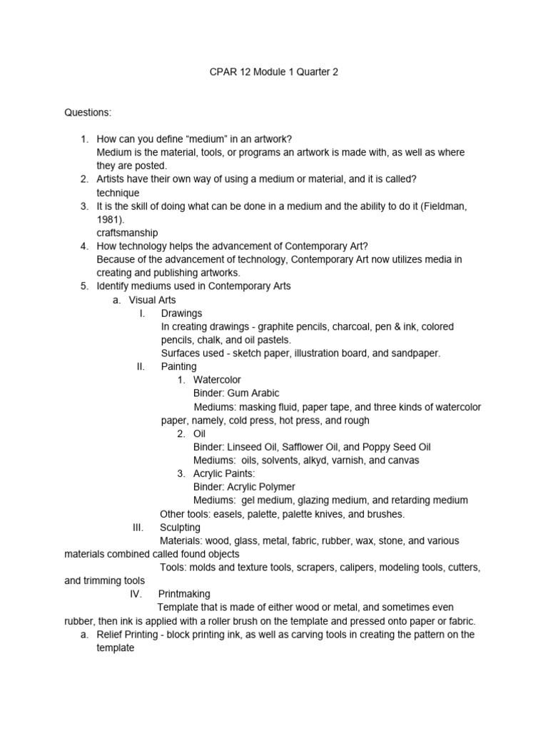 CPAR 12 Module 1 Quarter 2 | PDF | Oil Painting | Visual Arts