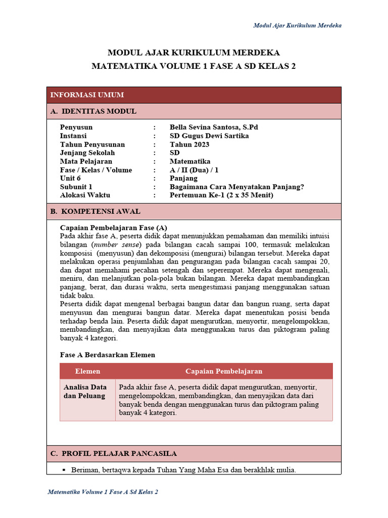 Modul Ajar Kelas 2 Matematika Panjang Pdf