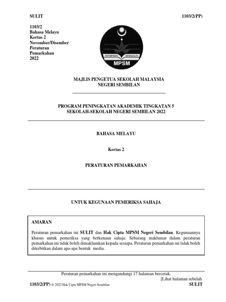 2022 Negeri - Sembilam - MPSM Bahasa - Melayu K2 Jawapan | PDF