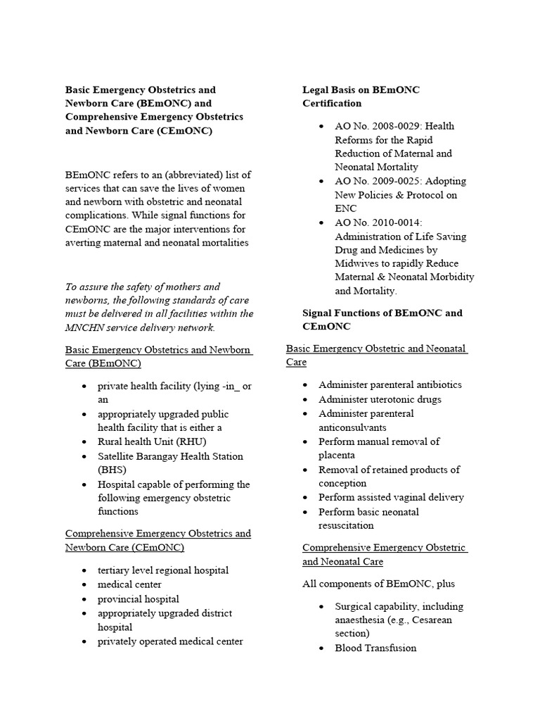BEmONC and CEmONC Care Standards | PDF | Childbirth | Obstetrics
