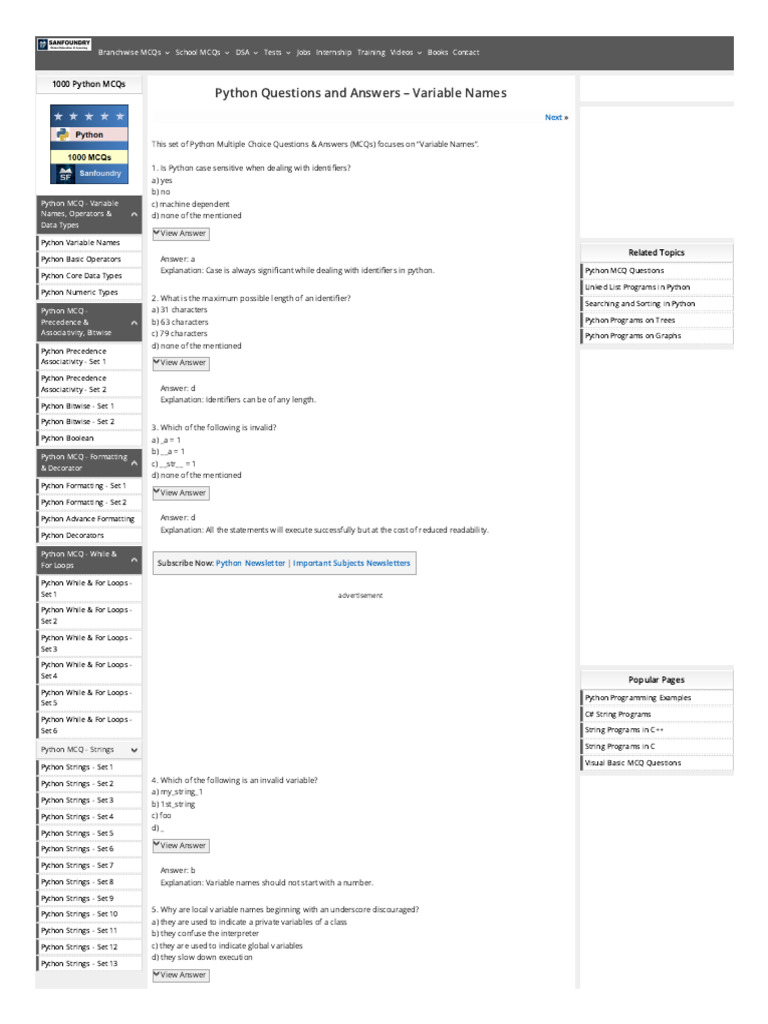 Sanfoundry Com Python Questions Answers Variable Names Pdf Multiple Choice Python